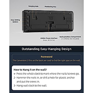 LED Digital Wall Clock with Large Display, Big Digits, Auto-Dimming, Anti-Reflective Surface, 12/24Hr Format, Small Silent Wall Clock for Living Room, Bedroom, Farmhouse, Kitchen, Office