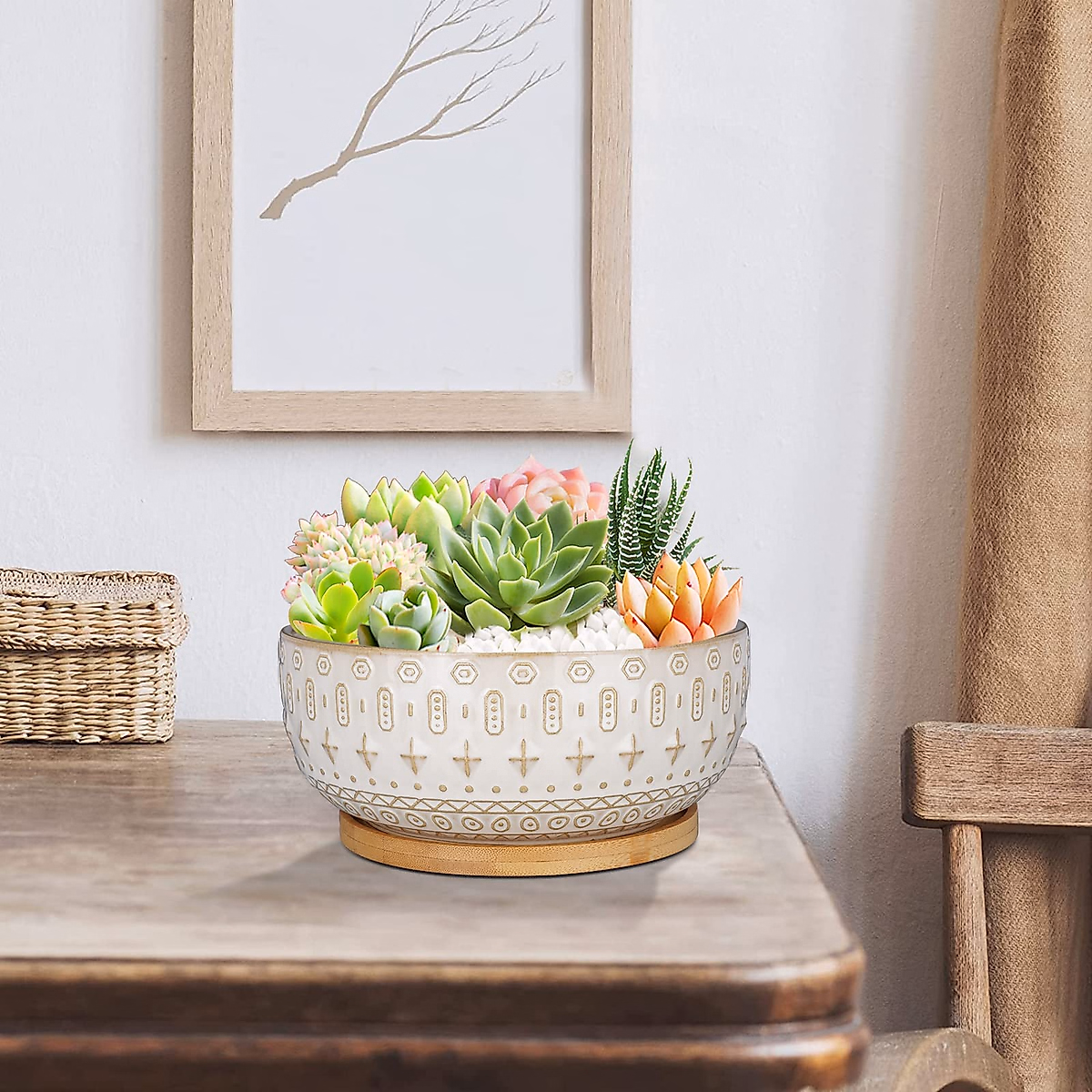 Fivepot 10+8 Inch Ceramic Succulent Planter Pots with Drainage Hole Clay Flower Pot for Indoor Plants Round Shallow Bonsai Pot with Bamboo Tray White