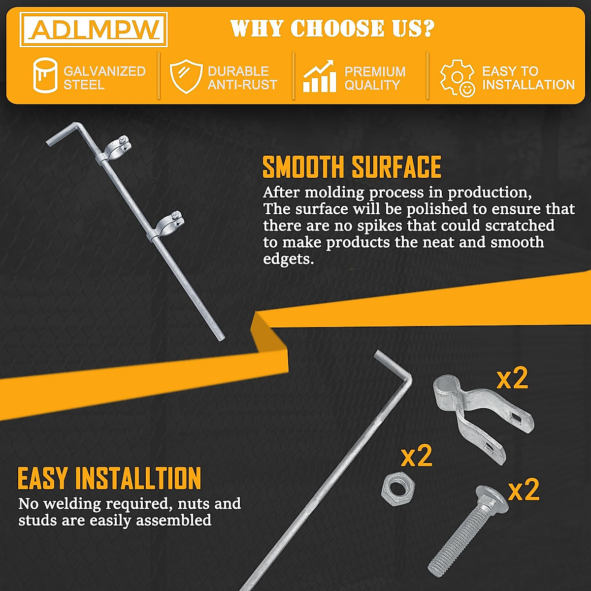 1-3/8" × 32" Gate Drop Rod, Galvanized Steel Gate Cane Bolt for Chain Link Fence, with 2pcs 1-3/8" Female gate Frame Hinge.