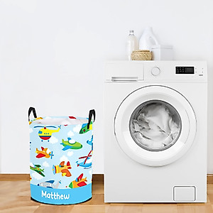 Personalized Laundry Basket Hamper,Airplane Blue Clouds,Collapsible Storage Baskets with Handles for Kids Room,Clothes, Nursery Decor