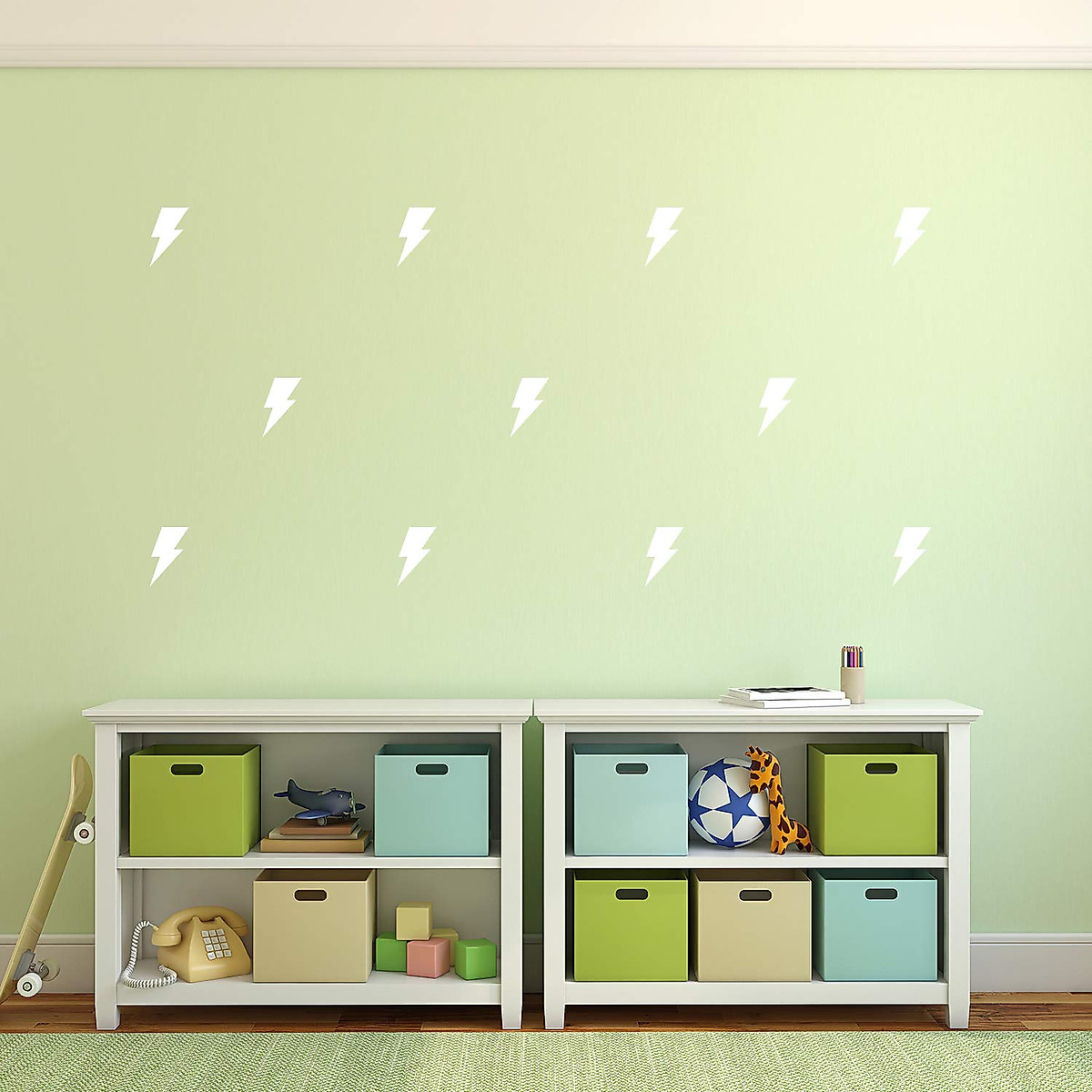 Set of 35 Vinyl Wall Art Decal - Lightning Bolt Pattern - from 4" x 2.5" Each - Trendy Adhesive Sticker Geometric Design for Kids Room Nursery Playroom Bedroom Bathroom Classroom Decor (White)