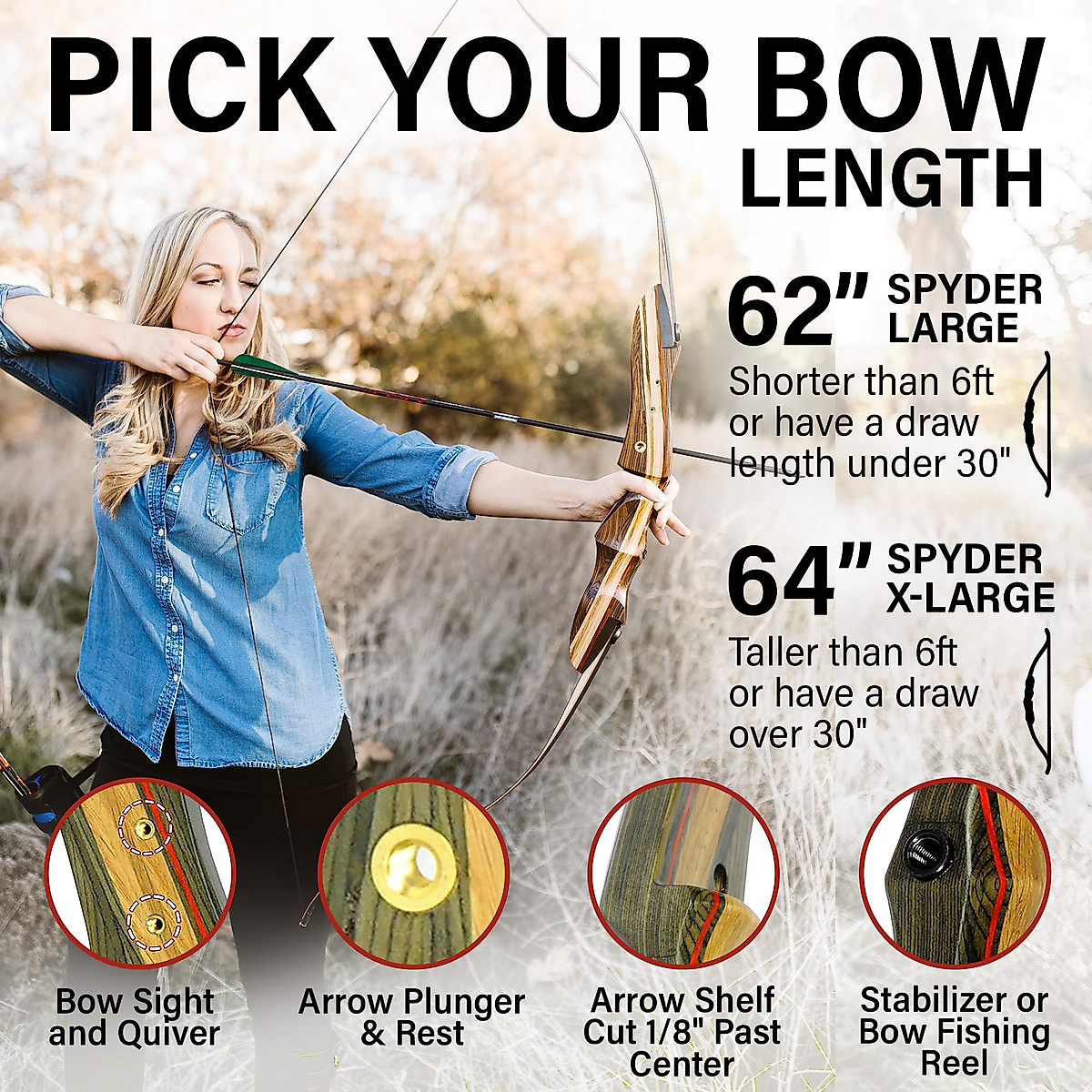 Spyder XL Takedown Recurve Bow and Arrow Set ? 64" Recurve Hunting Bow ? Right & Left Hand ? Draw Weights in 30-55 lbs ? USA Based Company ? Perfect for Beginner to Intermediate SpyderXL-55R-WS