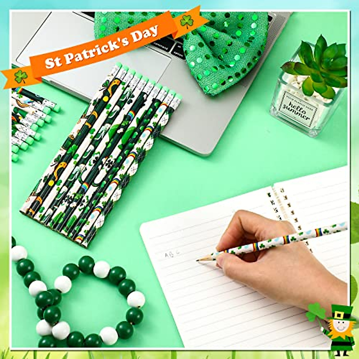 Zubebe 600 Pieces St Patrick's Day Pencils with Eraser Wood Shamrock Pencils Lucky Shamrock School Pencils Green Pencils for St Patrick's Day Party Kids Awards Holiday School Supplies