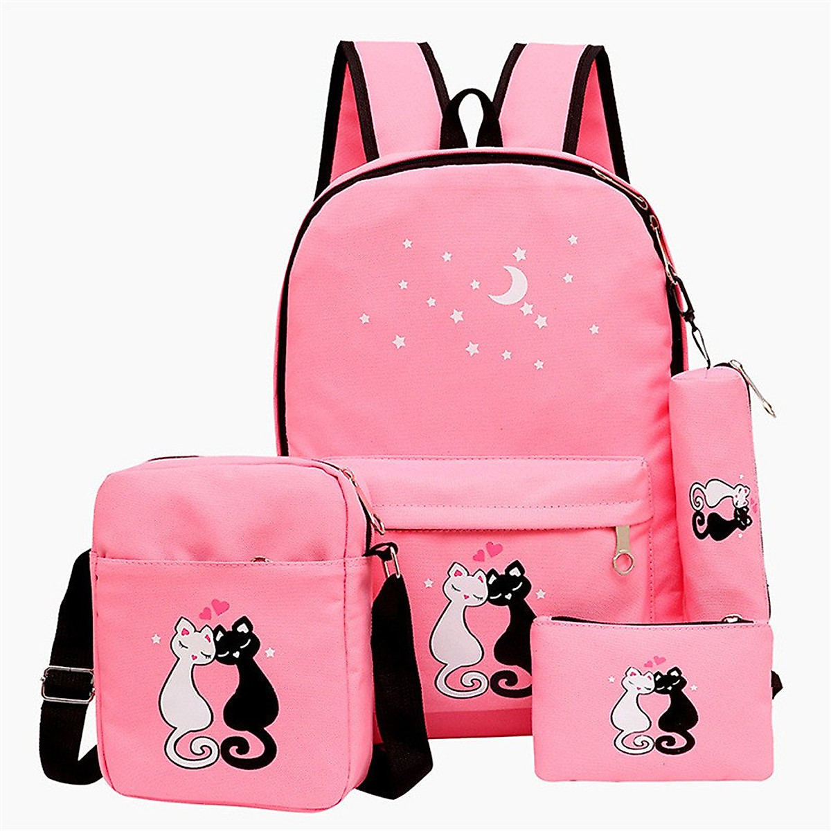 4Pcs Cute Cat Prints Canvas Primary School Bag Rucksack Backpack Set for Girls Elementary Bookbag