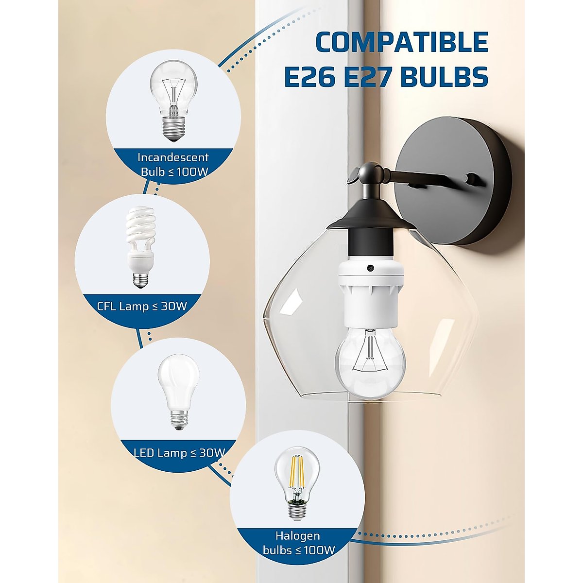 DEWENWILS Light Sensor Socket for Light Fixtures, Automatic Dusk to Dawn Light Bulb Sockets, Compatible with Incandescent/CFL/LED/Halogen Bulbs, 2 Pack