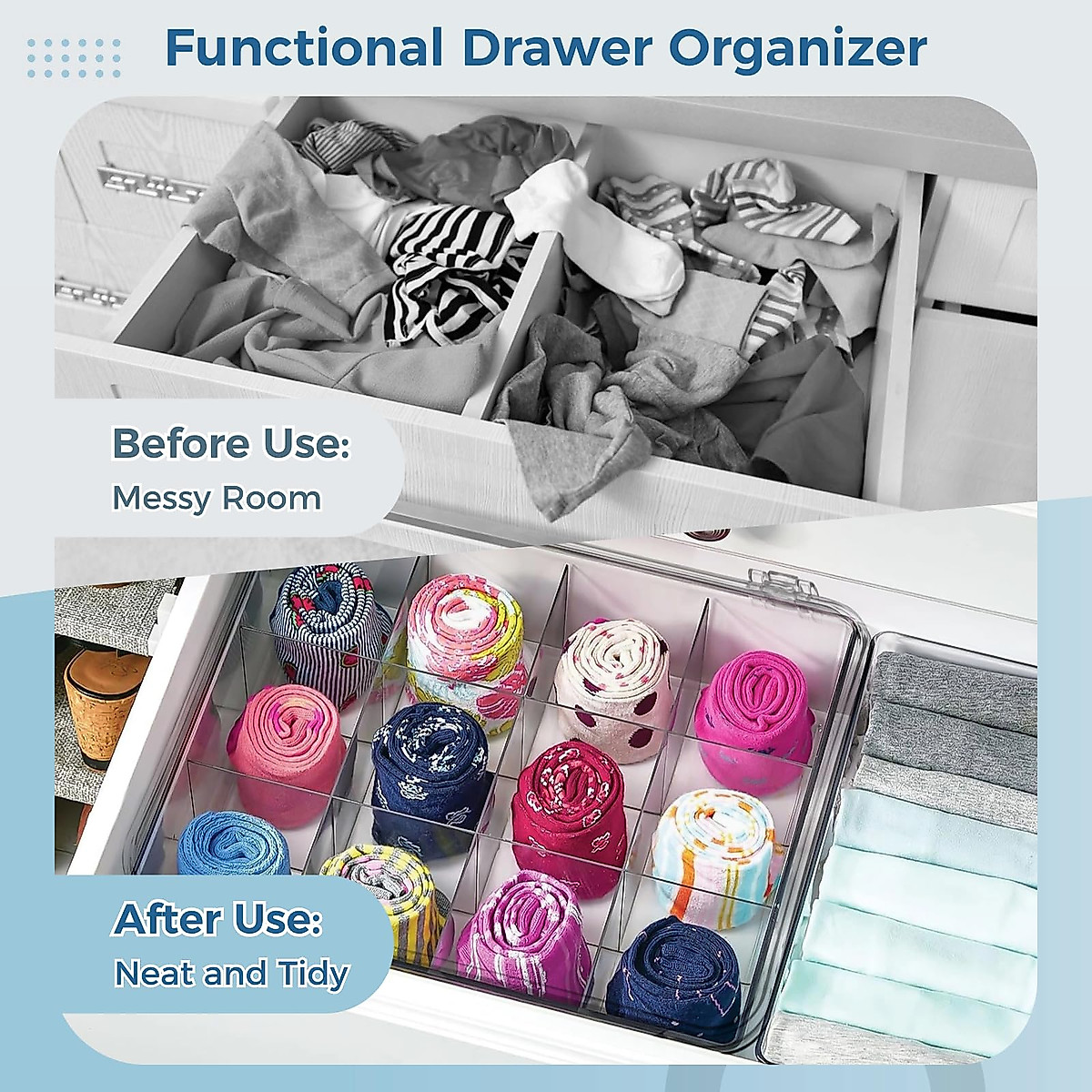 Varku Tie Organizer Box, 16-Cell Clear Tie Rack Organizer, Stackable Tie Display Rack, Drawer Closet Storage Bin with Lid, Storage Box for Ties