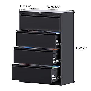 AOBABO 4 Drawer Lateral Steel File Organizing Cabinet with Locking System and Adjustable Hanging Bars for Letter/Legal Size Paper, Black
