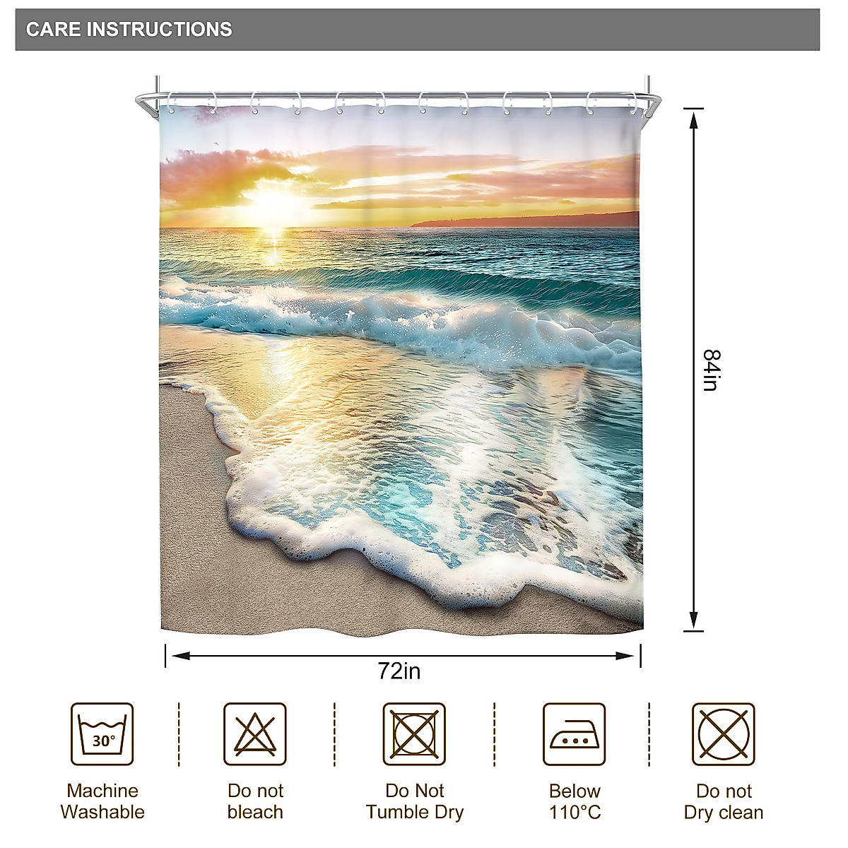 Riyidecor Ocean Coastal Hawaiian Sunrise Shower Curtain 72x84 Inch Sea Wave Summer Beach Seaside Scene Island Blue Fabric Set Waterproof 12 Pack Hooks BB-JWXP