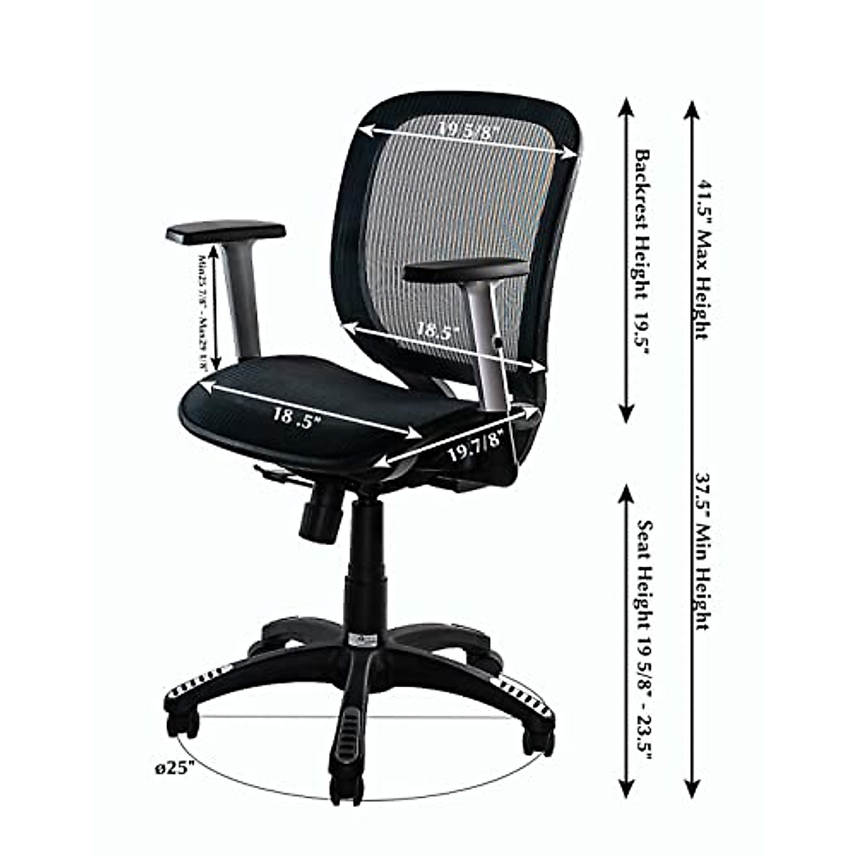 ErgoMax Lumbar Support, Mid-Back Mesh Adjustable Armrests, Home Office Ergonomic Chair, 42 Inch Max Height, Black