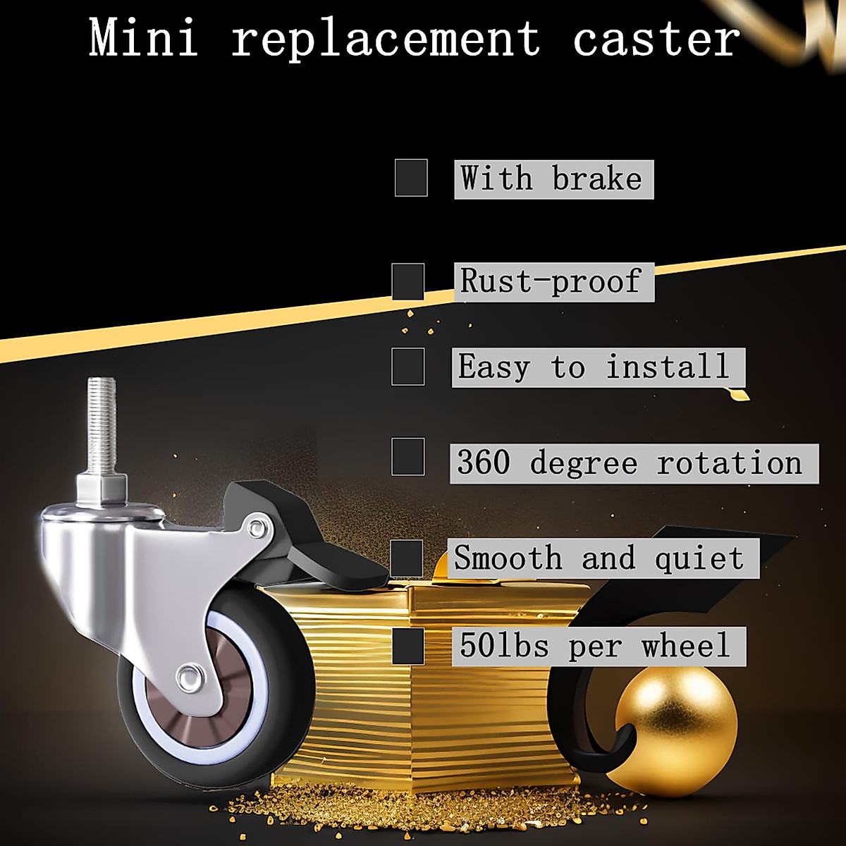 MSWY 1.5" Tiny Threaded Stem Caster Wheels with Brakes,1/4"-20x1" Heavy Duty Low Profile Swivel Replacement Castors for Small Mini Shopping Carts & Funiture, 50lbs per Wheel Set of 4