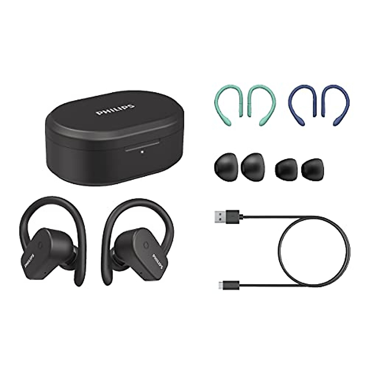 Philips A5205 Wireless Sports Earbuds, IPX7 Waterproof, in-Ear True Wireless Bluetooth 5.1 Headphones, USB-C Charging, Detachable earhooks, Up to 20 Hours of Playtime, TAA5205BK