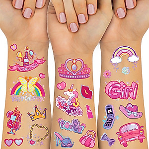 Waterproof Temporary Tattoos - 143pcs Groovy Fake Tattoo for Girls Birthday Party Favors, Princess Rainbow Shoes Power DIY Arts and Crafts Home Activity for Kids 6 7 8 9 10 11 12 years old
