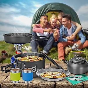 Odoland 15pcs Camping Cookware Mess Kit, Non-Stick Lightweight Pot Pan Kettle Set with Stainless Steel Cups Plates Forks Knives Spoons for Camping, Backpacking, Outdoor Cooking and Picnic