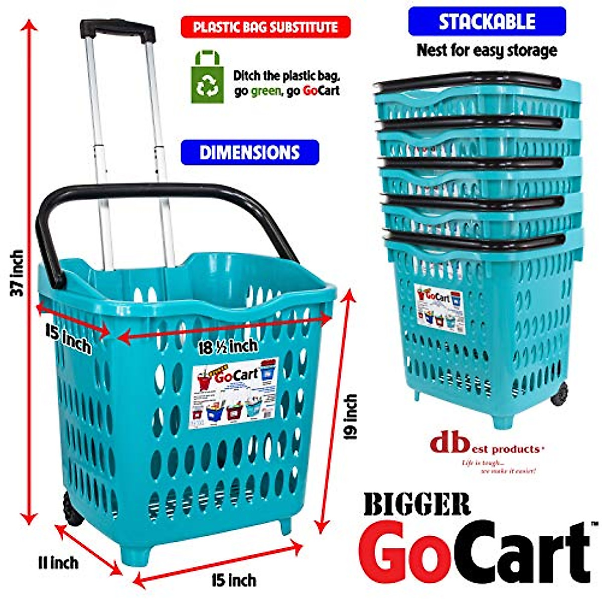 dbest products Bigger GoCart Grocery Cart Rolling Shopping Laundry Basket on Wheels Hamper with Telescopic Handle Cleaning Caddy Trolley, Teal, Bigger 1 pack