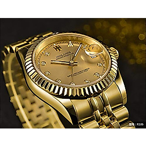 HOLUNS Mens Full Gold Watch Automatic Mechanical Gilded Steel Self-Wind Sapphire Glass Dress Waterproof Watch (Gold)