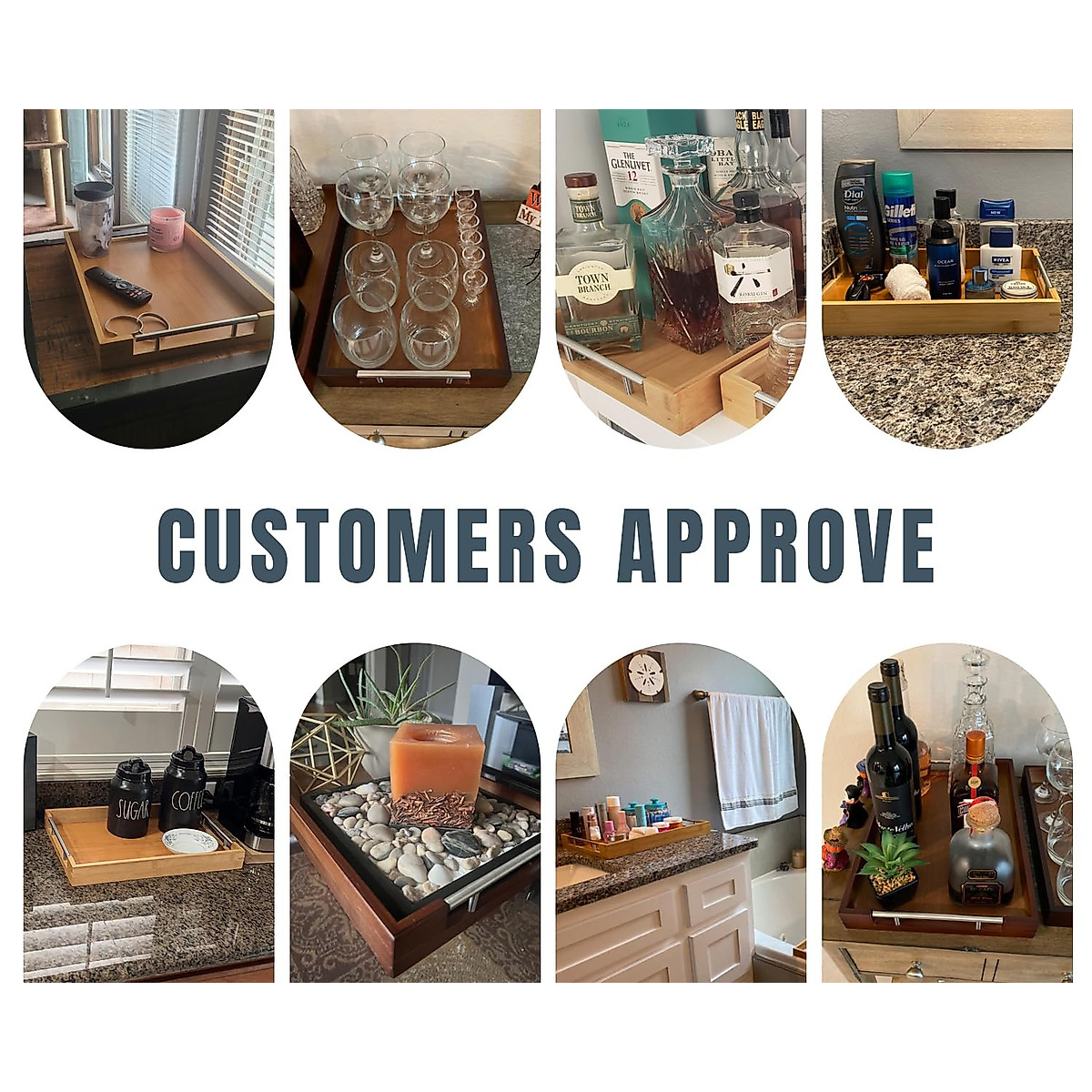 Set of 2 Decorative Serving Trays - Bamboo + Silver Stainless Steel Handles - Coffee Table or Ottoman Tray for Breakfast in Bed Jewelry, Decor Organization - 12"x17" - Pure Bamboo Finish