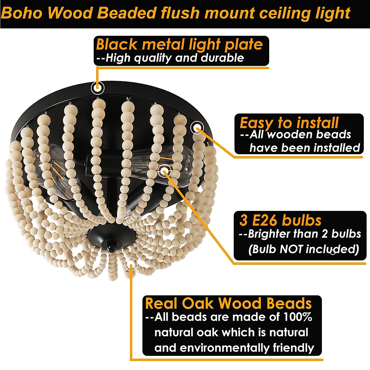 3-Light Boho Wood Bead Chandelier Ceiling Flush Mount Light Fixture,Solid Oak Natural Wood Color Chandelier for Hallway Small Room Baby's Nursery Bedroom Laundry Room Cloakroom