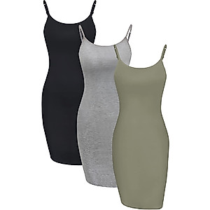 WILLBOND 3 Pieces Basic Cami Women Long Tanks Dress with Strap, Solid Color (Black, Grey, Army Green,Large)