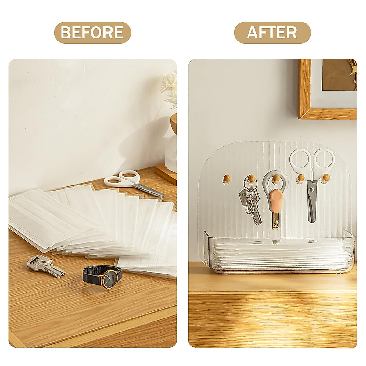 MORNITE Key Holder Stand for Table, Entryway Organizer Countertop with 5 Hooks, Tabletop Tray Rack Storage for Jewelry Rings Phone Bracelets Watches, Clear