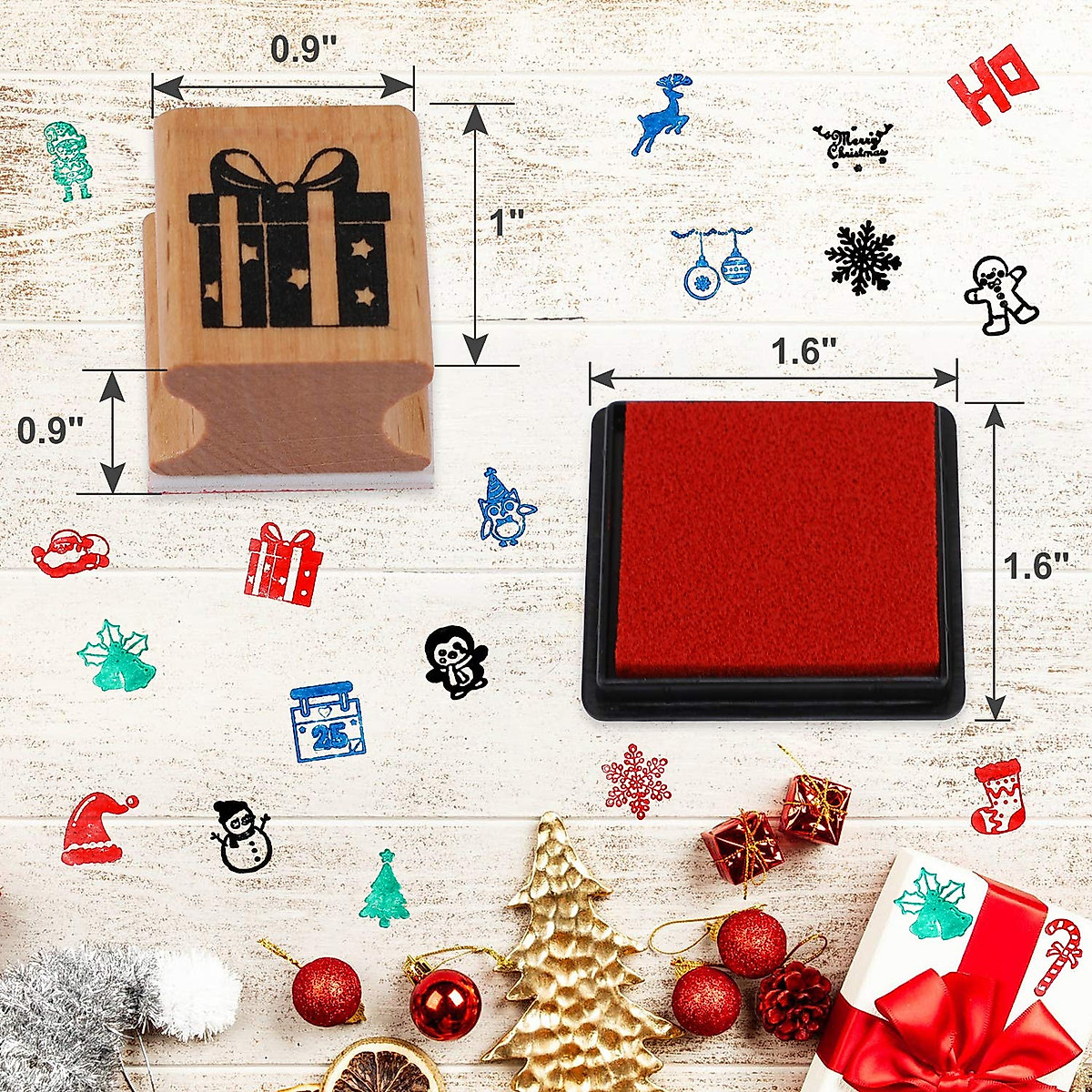 HOWAF 24pcs Wooden Christmas Stamps with Ink Pad for Kids Crafting Card Making Painting, Christmas Stamp for Children DIY Scrapbooks Wrapping Paper Gift Christmas Party Bag Fillers Favor Supplies Xmas