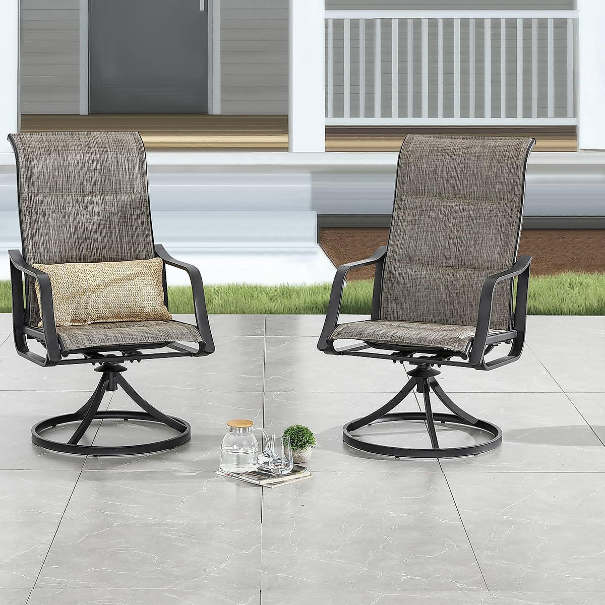 PatioFestival Patio Dining Set 5 Pieces High Back Outdoor Furniture Sets 50,000 BTU Square Propane Fire Pit Table with Outside Padded Swivel Rocker Dining Chairs (Grey)