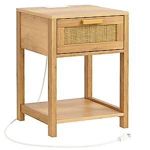 Rovaurx Rattan Set of 2 Nightstand with Charging Station, Wooden End Table with Storage Drawer and Opening Shelf, Bedside Table, Natural RCTG109ME02