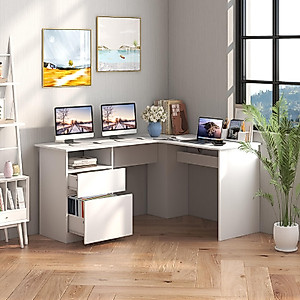 GOFLAME L-Shaped Desk, 59" Corner Computer Desk with File Drawer & Open Shelf, Large Workstation w/ 2 Cable Management Holes, Writing Study Desk for Home Office, White