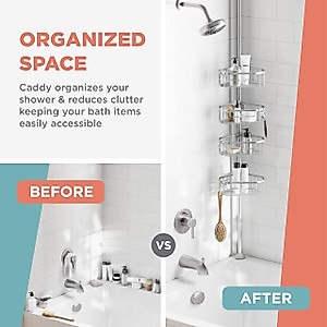 Zenna Home Tension Pole Shower Caddy with 4 Shelves and Hooks, Satin Chrome, 60-108 Inch – Rustproof Standing Corner Shower Organizer Shelf – Sturdy Adjustable Shower Rack for Bathroom Essentials