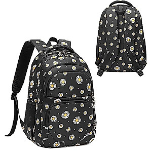 ZHIERNA School Backpack 3PCs Daisy Prints Set With Lunch Bag, Bookbags with Pen Case For Teen Girls Kindergarten Elementary（Black）