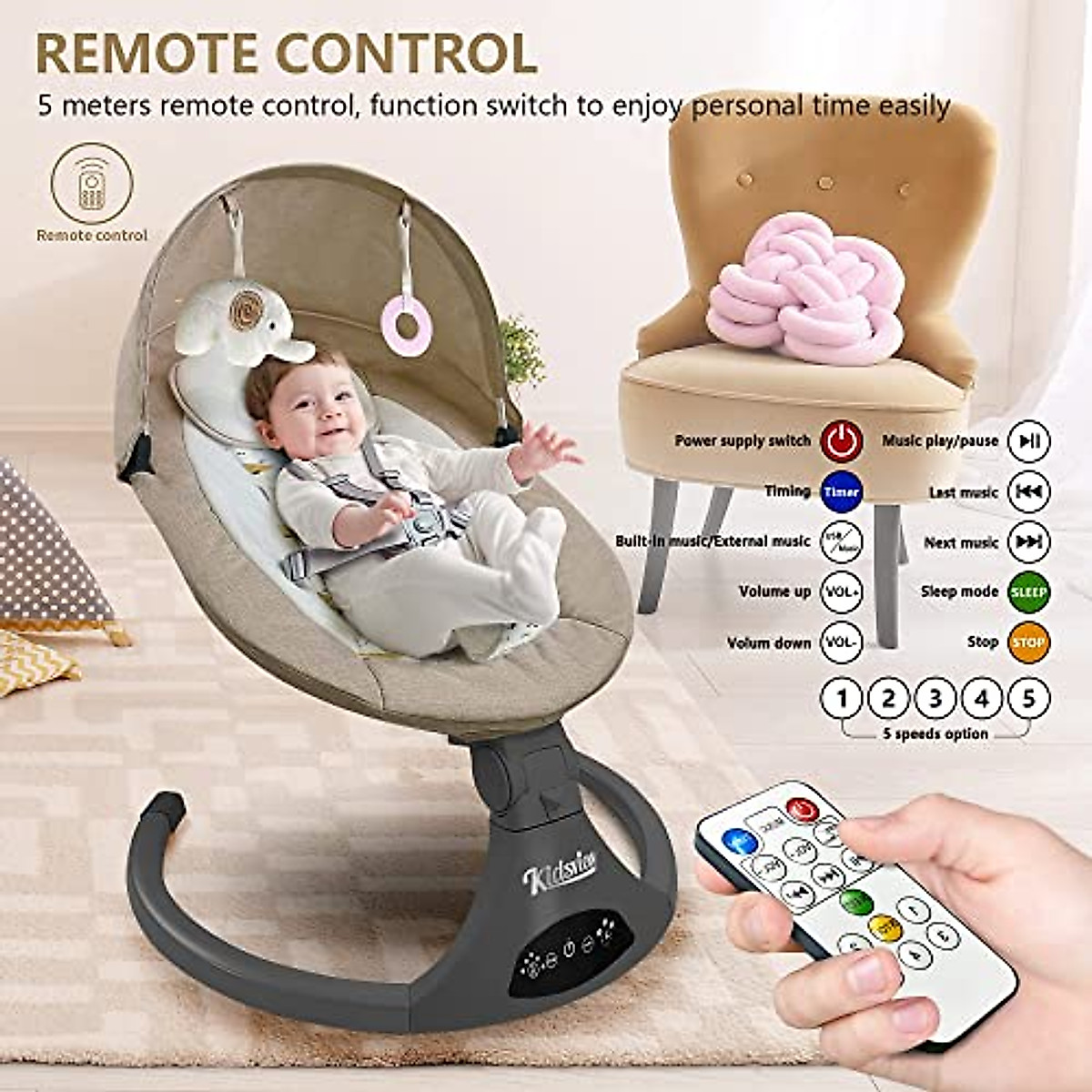 Bluetooth Baby Swing for Infants, 5 Speed Bluetooth Baby Bouncer Music Speaker with 12 Preset Lullabies, Remote Control Indoor Baby Rocker with Touch Screen Chair for 5-20 lb, 0-9 Months (Khaki)