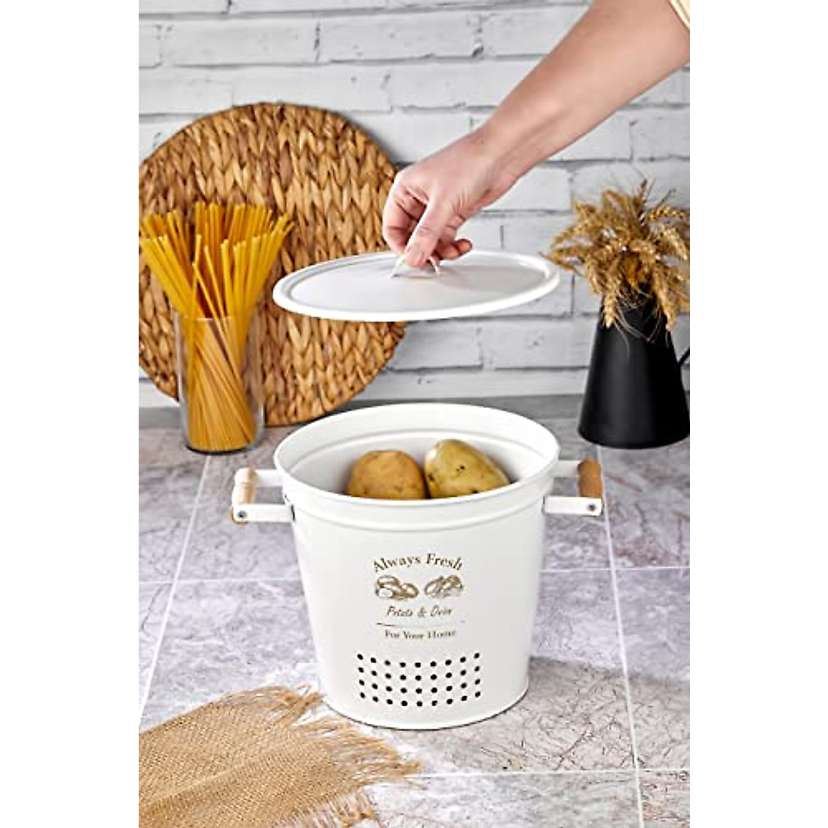 Potato Onion Kitchen Metal Storage Containers, Potatoes Onion Bin Caddy, Storage Jars with Aerating Tin Storage Holes and Metal Lid (White)