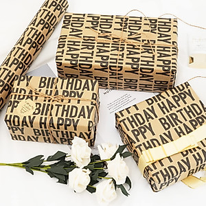 Birthday Wrapping Paper Roll, Black Kraft Gift Wrapping Paper Jumbo Roll, Black Happy Birthday Wrapping Paper Set Black Wrapping Paper for Boys Men Women Girls Birthday, 17x590 inch (70 sq. ft.)