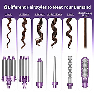 Beach Wave Hair Curling Iron Wand, Lyealion 6 in 1 Curling Iron Set with 2 * 3 Barrel Hair Crimper, Curling Brush and 3 Interchangeable Ceramic Curling Wand for Women