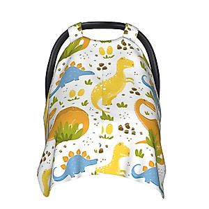 Rutiea Funny Dinosaurs in Cartoon Style Car Seat Cover for Babies, Peekaboo Opening Minky Carseat Canopy Stroller Cover for Newborn, Mom Nursing Breastfeeding Covers, Blanket for Infant Toddler