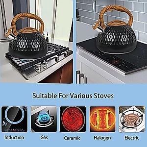 Starbbq 2.8 Qt Tea Kettle for Stovetop Whistling Teapot, Stainless Steel Tea Kettles with Wood PatternHandle and One-Touch Open and Close Button (Black）