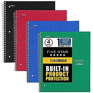 Five Star DuraShield Notebooks with Antimicrobial Front Covers, 4 Pack, 1 Subject, College Ruled Paper, 11" x 8-1/2", 100 Sheets, Black, Red, Blue, Green (820029-ECM)