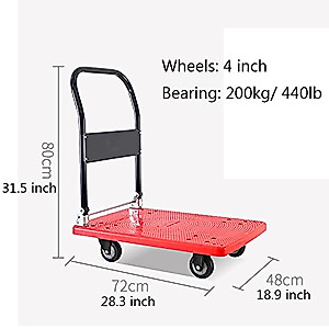 Generic Hand Truck Flatbed Cart Small Platform Truck with Plastic Deck and Metal Handle Folding Trolley Easy Storage and High Load Capacity Red Utility Cart (Size : 440lb-4in Wheels)