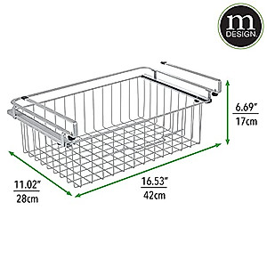mDesign Large Metal Wire Hanging Pullout Drawer Basket - Sliding Under Shelf Storage Organizer - Attaches to Shelving - Easy Install - Silver