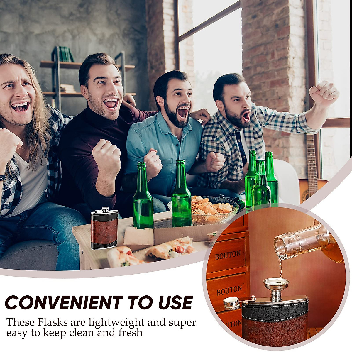 Rtteri 8 oz Leather Hip Flasks for Liquor for Men Leak Proof Stainless Steel Drinking Flasks with Funnel Soft Wrap Whiskey Vessels for Wedding Bridesmaid Christmas Gifts(Brown,6 Set)