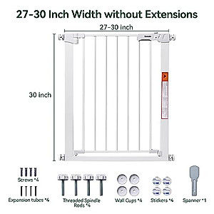 Mom's Choice Award Winner-BABELIO 27-30 Inch Narrow Easy Install Baby Gate, Fit for Small Stairs and Doorways,Pressure Mounted Safety Gate with Door for Child and Pets,NO Extensions,White