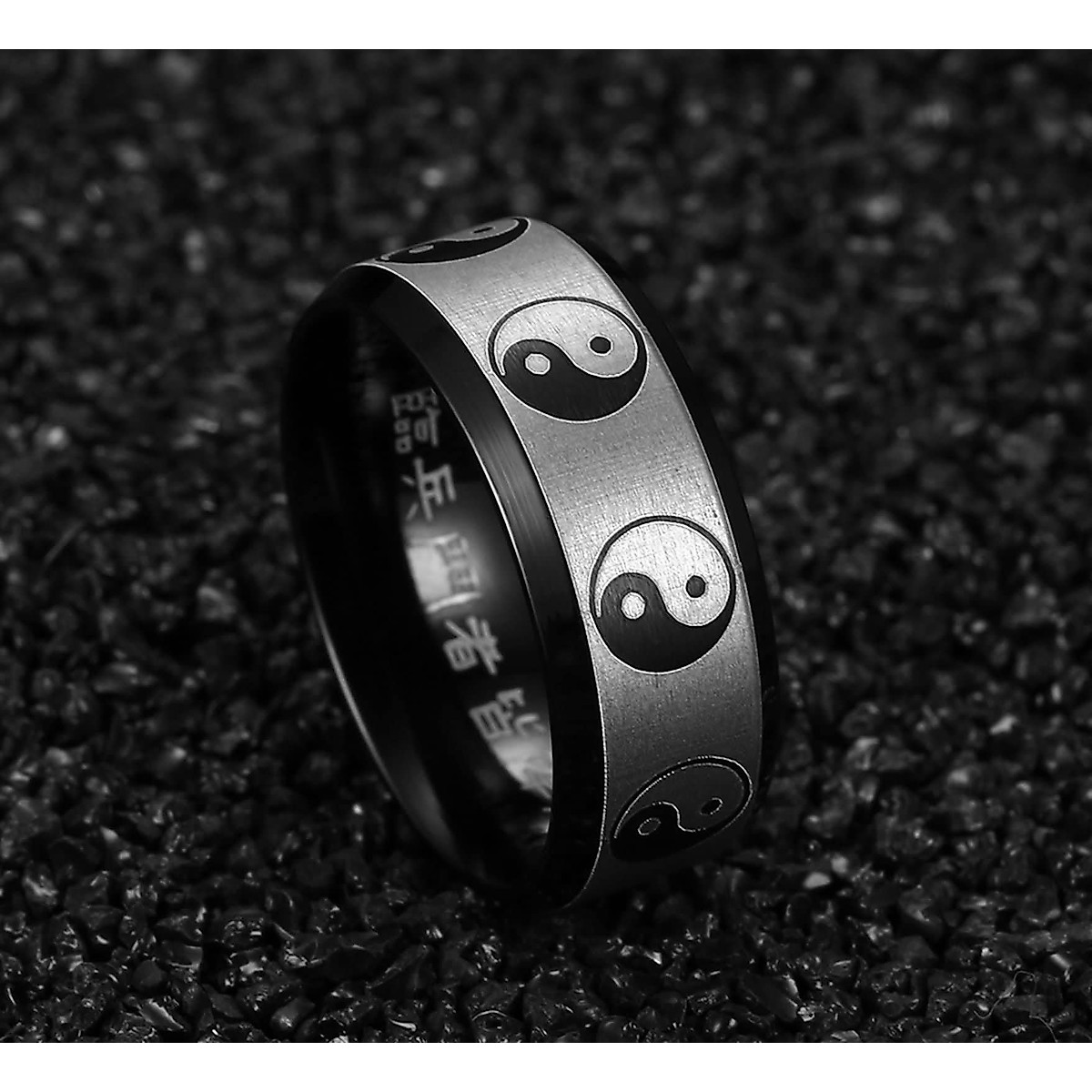 Daesar Promise Rings for Couples Black, Women Men Custom Ring Stainless Steel Yin Yang Matte 8MM Comfort Fit Personalized Engrave Ring Size 5