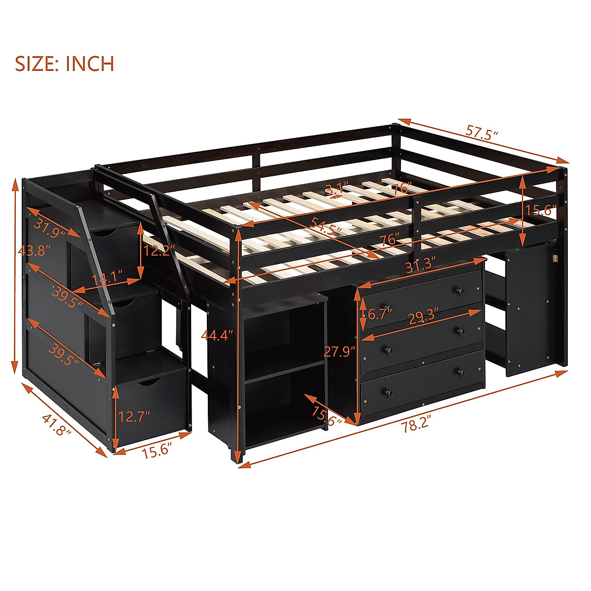 Merax Retractable Writing Desk and 3 Drawers, Wooden Loft Bed with Storage Stairs and Shelves, Espresso