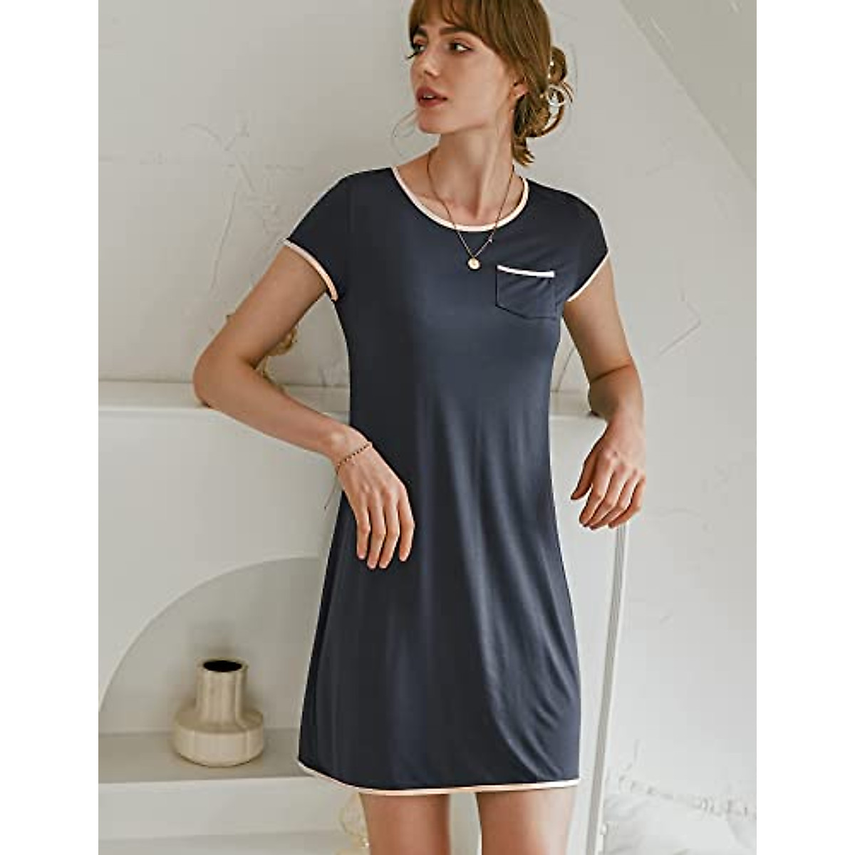 Ekouaer Sleepwear Women's Nightgown Cotton Sleep Shirt Short Sleeve Scoopneck Sleep Tee Nightshirt (L Dark Grey)