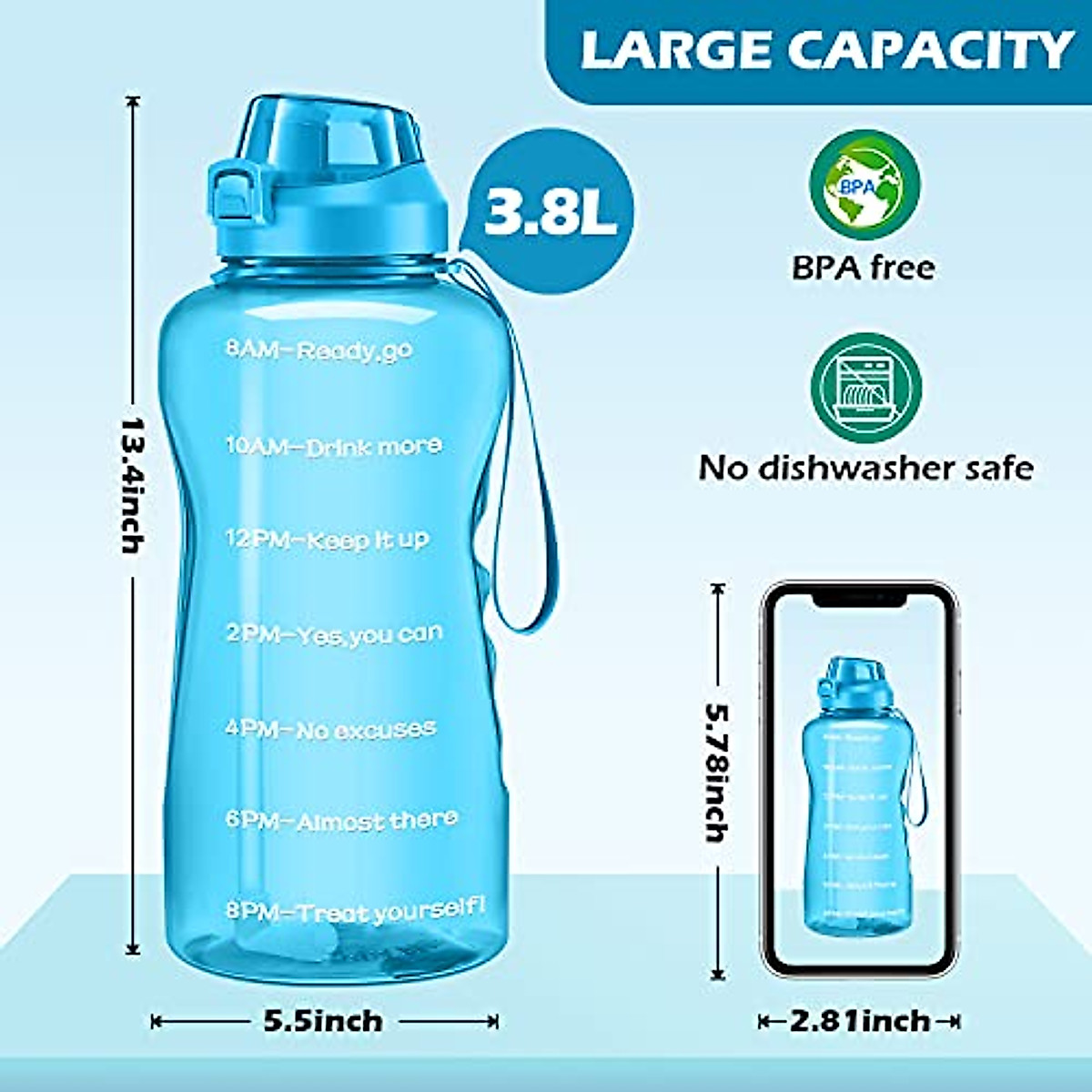 4AMinLA 128oz Motivational Gallon Water Bottle with Time Marker & Straw, Large Capacity Leakproof BPA Free Fitness Sports Water Jug (light blue)
