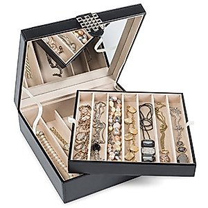 Glenor Co 12 Section Necklace Organizer - Large Mirror - 2 Trays - PU Leather - Black - Classic Jewelry Box - Modern Buckle Closure - Fits Necklace & Bracelet - Jewelry Holder for Women Teens & Girls