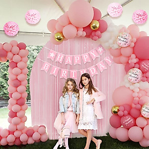 Pink Birthday Decorations, Birthday Decorations for Girls, Pink and White Balloons Happy Birthday Banner Tablecloth Paper Pom Poms Foil Fringe Curtain for Kids Women Birthday Pink Party Supplies