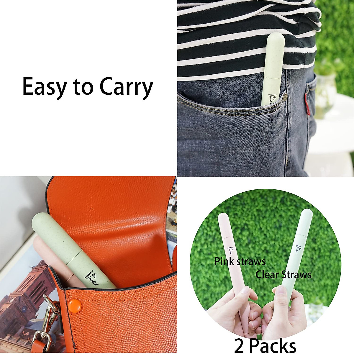 Ipretti 2 Packs Reusable Glass Drinking Boba Smoothie Straws with Wheat Straw Portable Cases,Cleaning Brushes,7mm/12mm x 8.27",Bubble Tea (Clear+Pink)