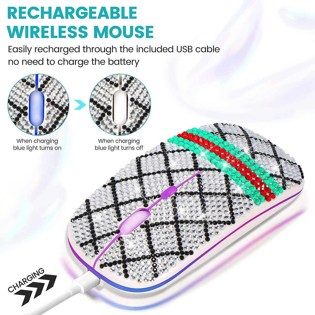 Wireless Mouse,Attoe 2.4GHz Bling Dazzling Ergonomic Portable Girls Mouse Silent 800/1200/1600 DPI USB Optic Mouse Convenient for PC Laptop Notebook Windows