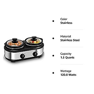 Double Slow Cooker, Buffet Servers and Warmers, Dual 2 Pot Slow Cooker Food Warmer, Adjustable Temp Dishwasher Safe Removable Ceramic Pot Glass Lid, 2 x 1.25 QT Portable Small Crock Cooker