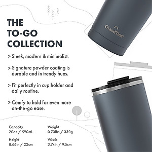 GRANDTIES Insulated Coffee Tumbler Cup w/Tritan Lid | Leak Proof, Reusable, Double Walled Vacuum Stainless Steel Water Bottle Travel Mug | Thermal Cups for Hot and Cold Drinks | 20oz | Stone Gray
